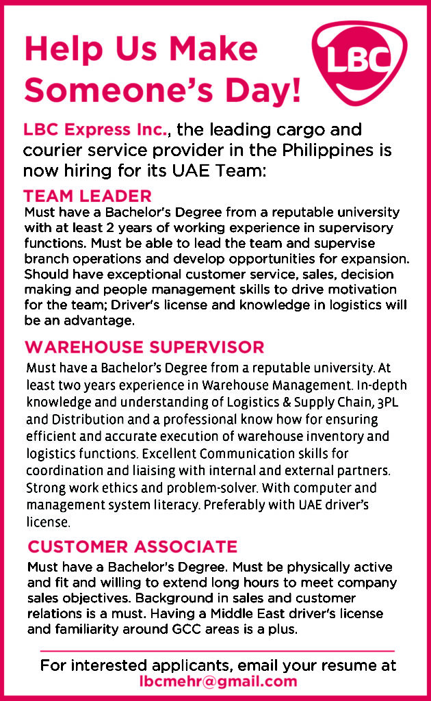 LBC Express Urgent Job Hiring - WAREHOUSE SUPERVISOR, TEAM LEADERS ...