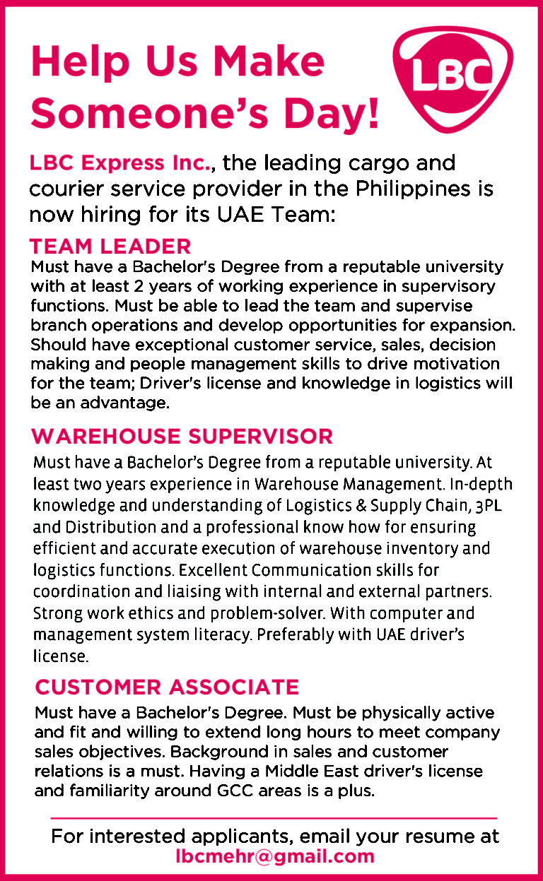 LBC Express Urgent Job Hiring - WAREHOUSE SUPERVISOR, TEAM LEADERS ...