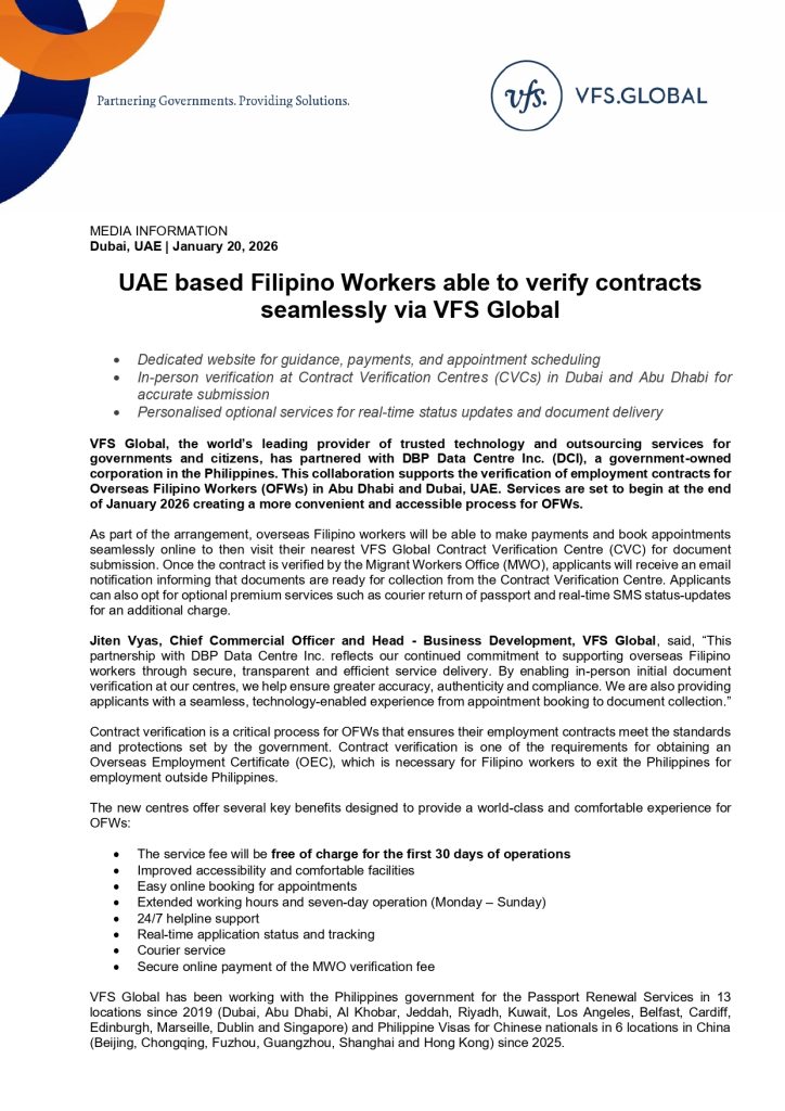VFS Global Opens In-Person Contract Verification Centers for OFWs in UAE